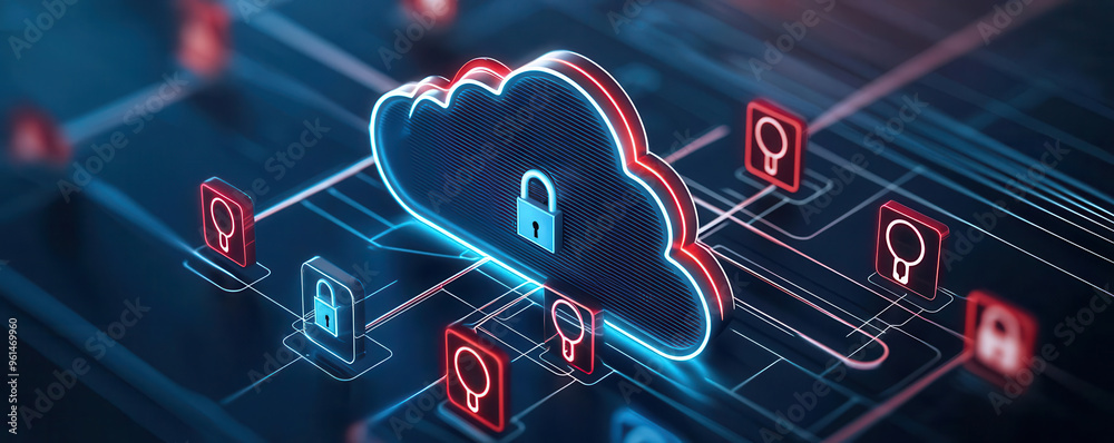 A cloud computing network with multiple layers of security shields, locks, and firewall icons ...