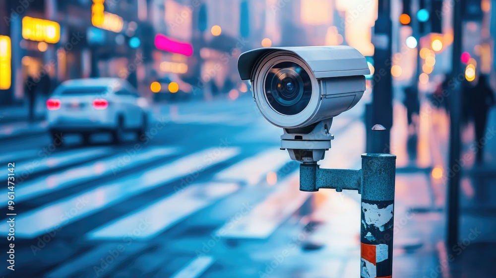 CCTV camera on a street corner, monitoring pedestrian and vehicle ...