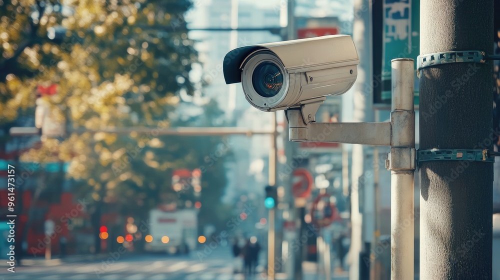 CCTV camera on a street corner, monitoring pedestrian and vehicle ...