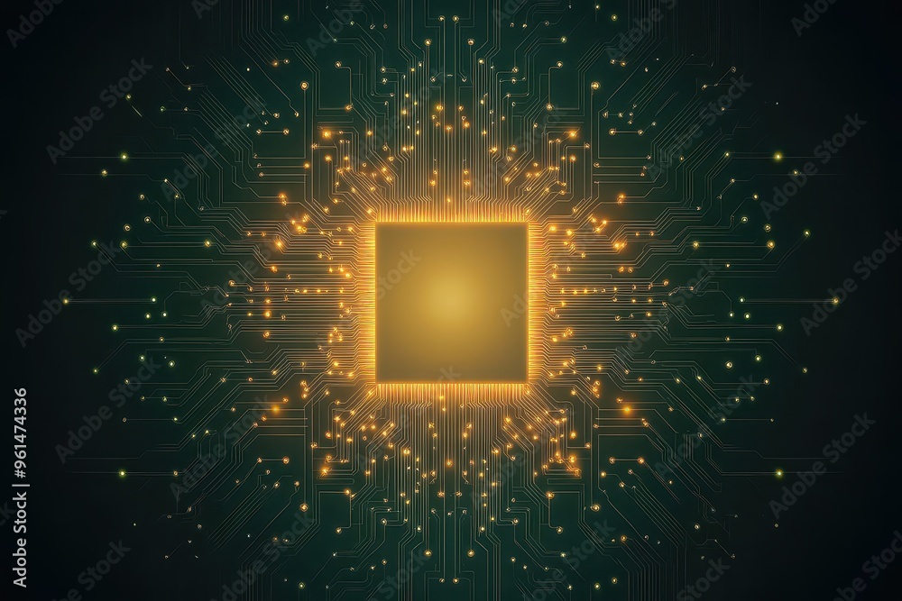Abstract illustration of a glowing microchip with digital sparkles and ...