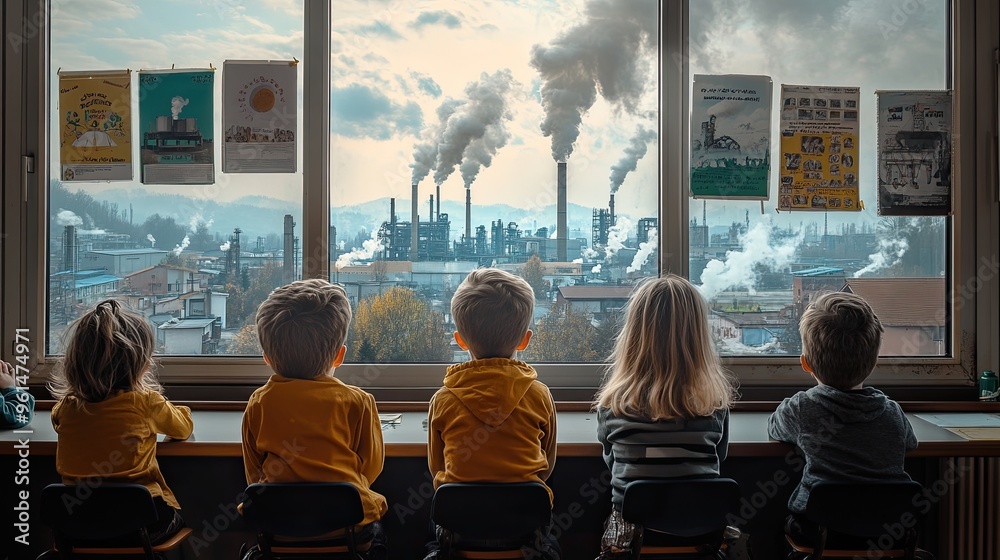 15. A group of children sitting in a classroom with large windows that ...