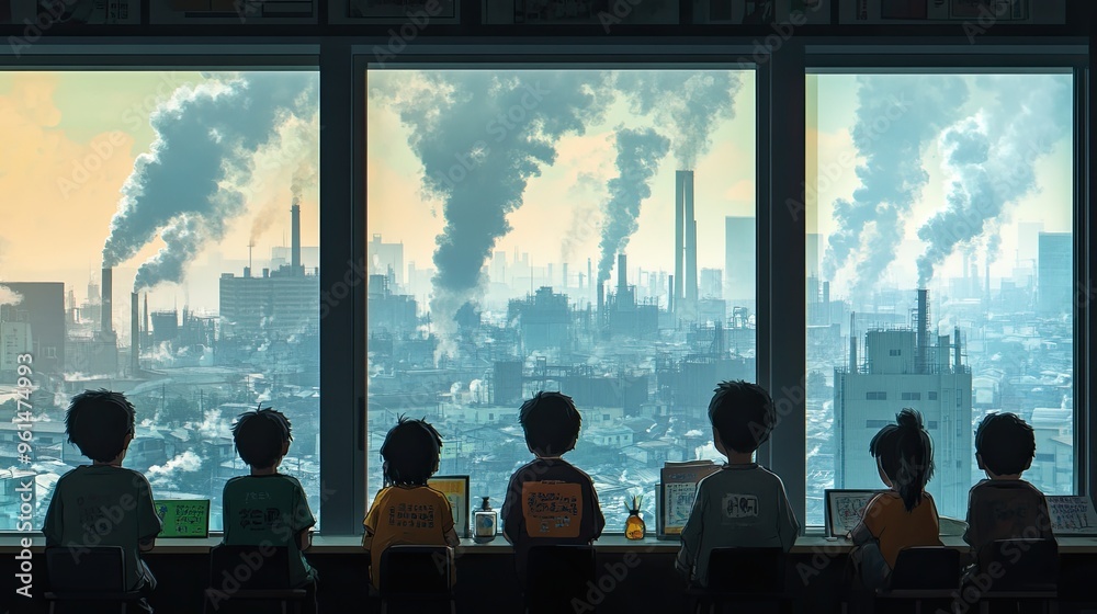 15. A group of children sitting in a classroom with large windows that ...