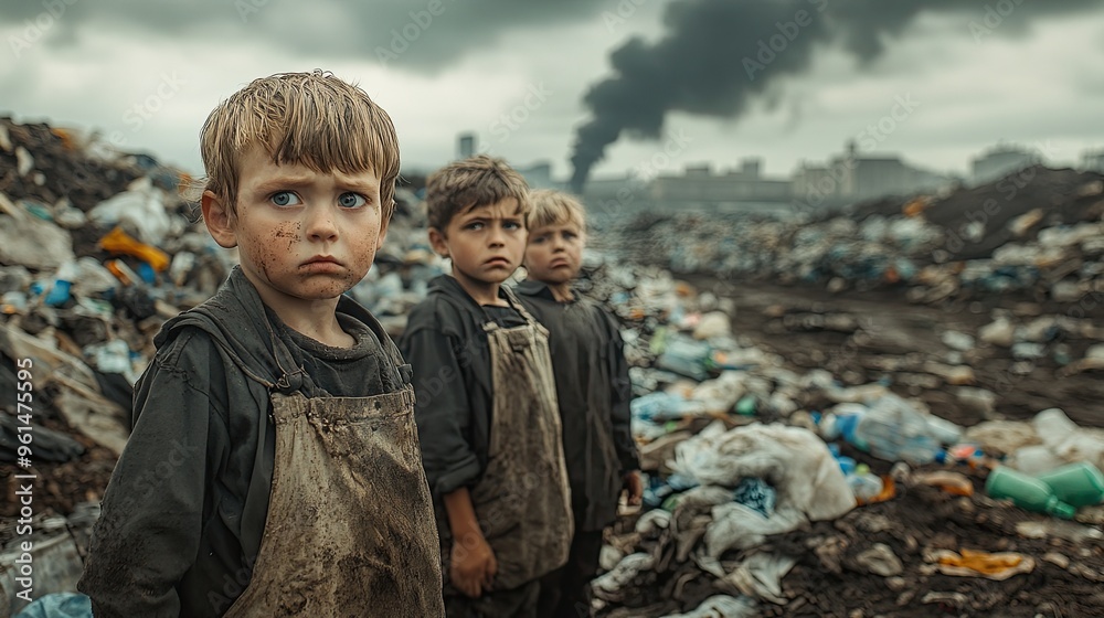 48. A photorealistic image of children standing in front of a landfill ...