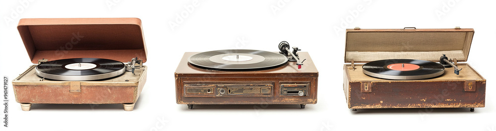 Classic Vintage Record Players with Open and Closed Cases Displayed on ...
