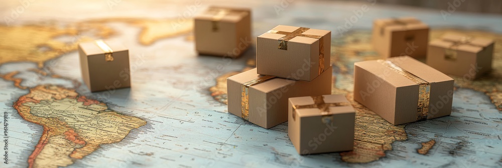 A group of cardboard boxes are arranged on a world map, representing ...