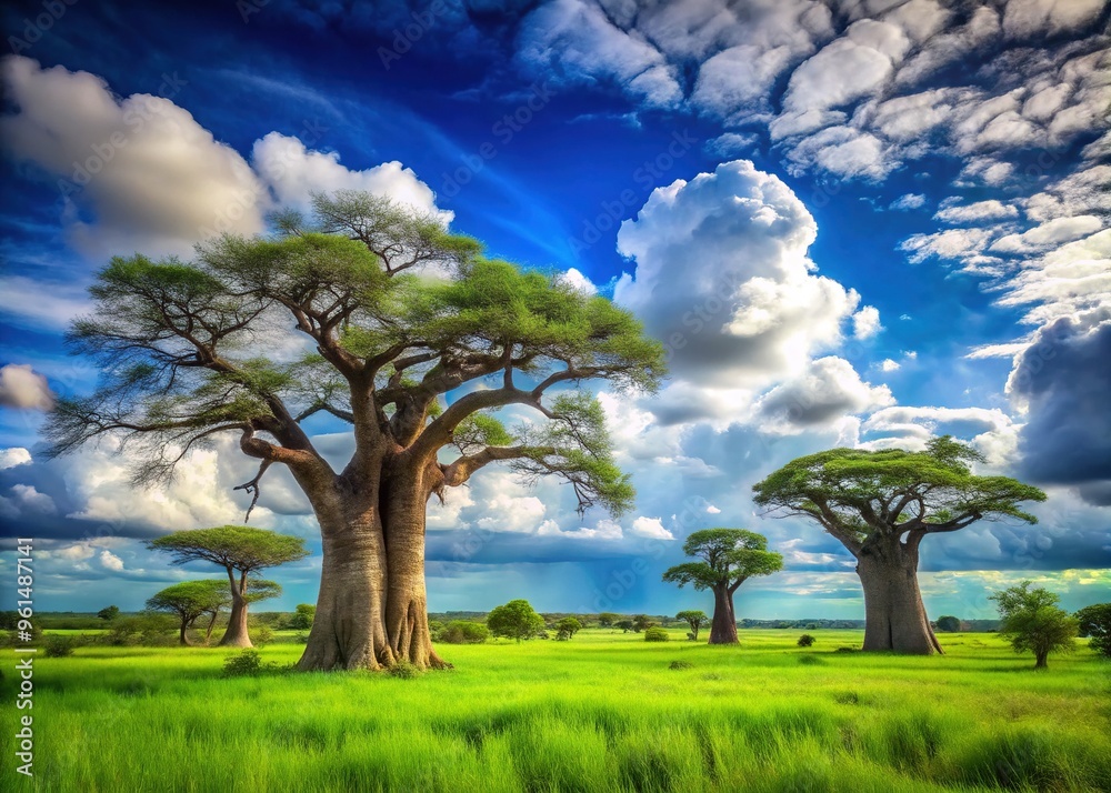 Majestic baobab trees stand tall amidst vibrant green savannah ...