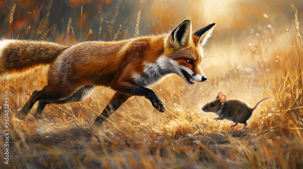 A fox hunting a mouse in a field, representing a predator-prey ...