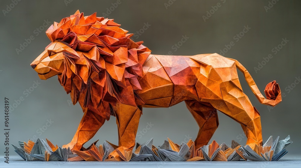 origami lion sculpture standing proudly in paper savannah intricate ...