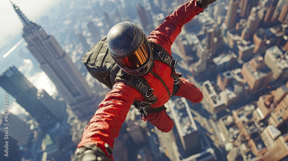 40. A base jumper free-falling from a skyscraper, with the city skyline ...