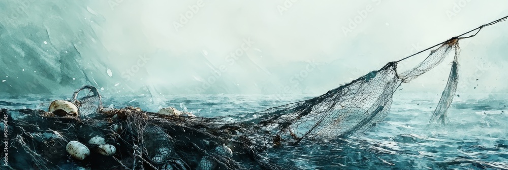A somber scene depicting an empty fishing net lying in the rough ocean ...
