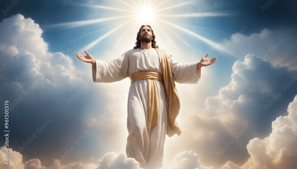 Jesus Christ Christainity God in white robe stands with arms ...