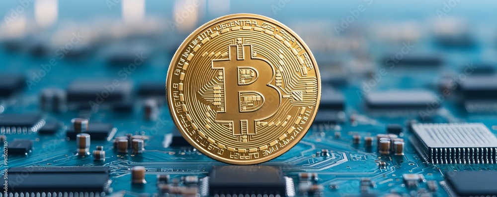Giant crypto coin towering over a landscape of microchips, blockchain ...