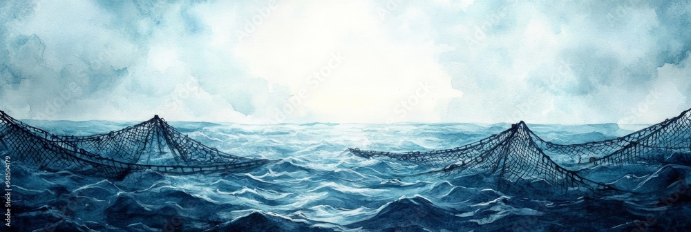 A watercolor painting of empty fishing nets resting on a choppy, blue ...