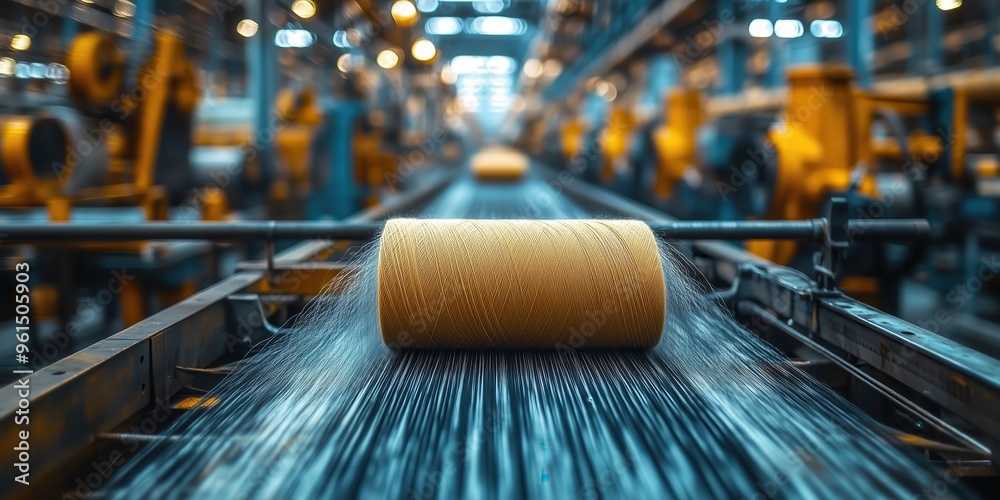 Yarn spool on industrial weaving machine. Large spool of yarn is ...