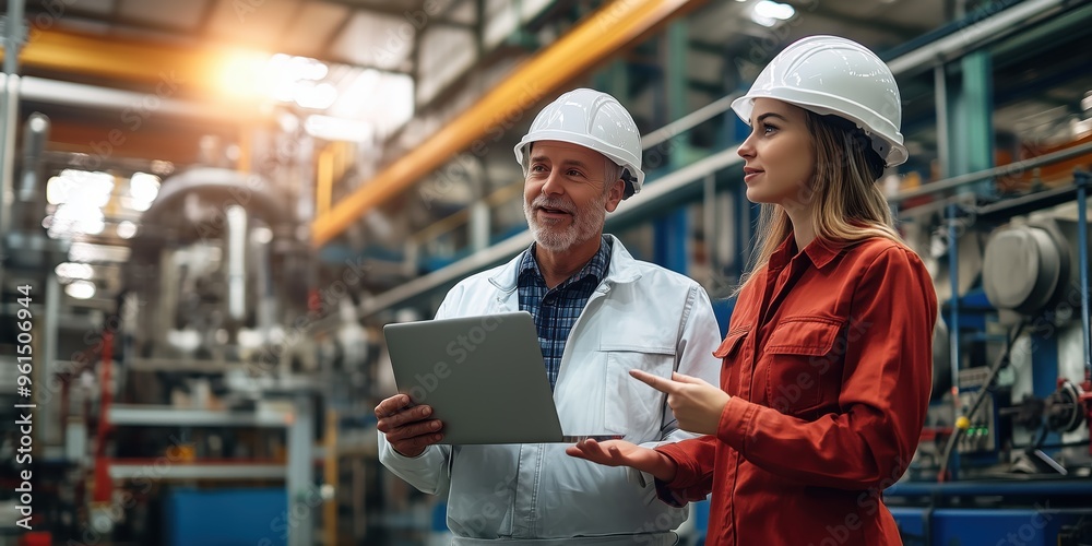 Engineers reviewing production data in industrial factory. Senior male ...