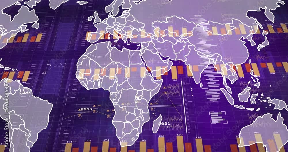 World map with bar charts and data processing animation over purple ...