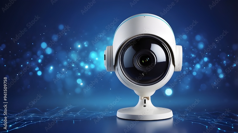 White security camera with glowing lights and digital lines on the ...