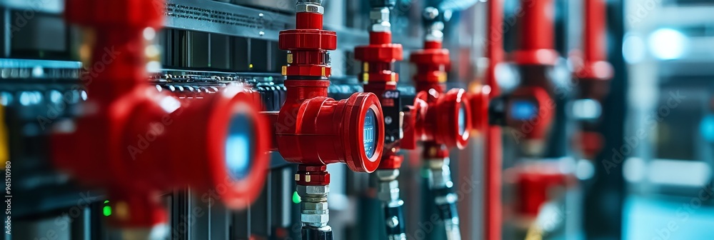Close-up of red fire suppression system valves in a server room ...