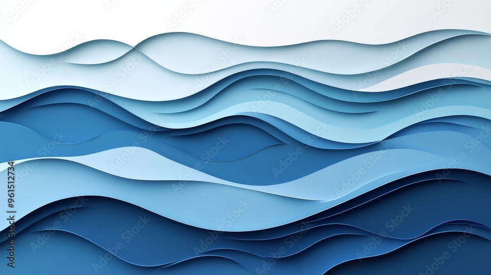 This abstract image features layered paper cut waves in shades of blue ...