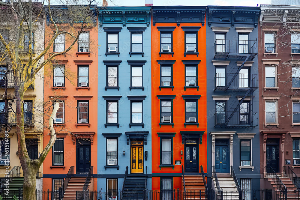 New York City row houses with colorful facades, featuring shades of ...