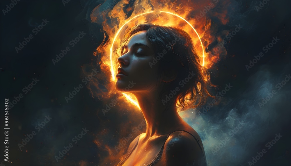 Enigmatic silhouette of a fiery female figure illuminated by ethereal ...