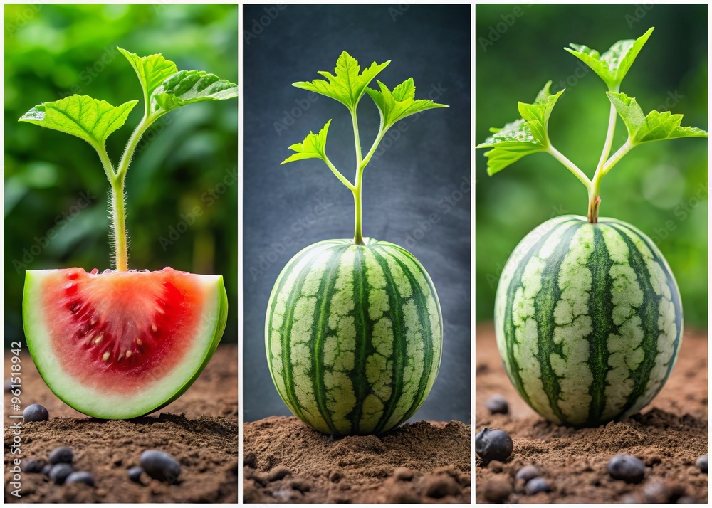 "Slices of watermelon from seedling to mature fruit, showcasing varying ...