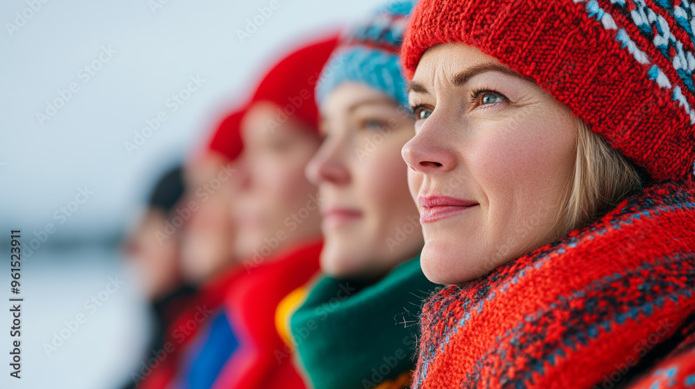 Brightly dressed tourists gathered around a local Arctic guide learning ...