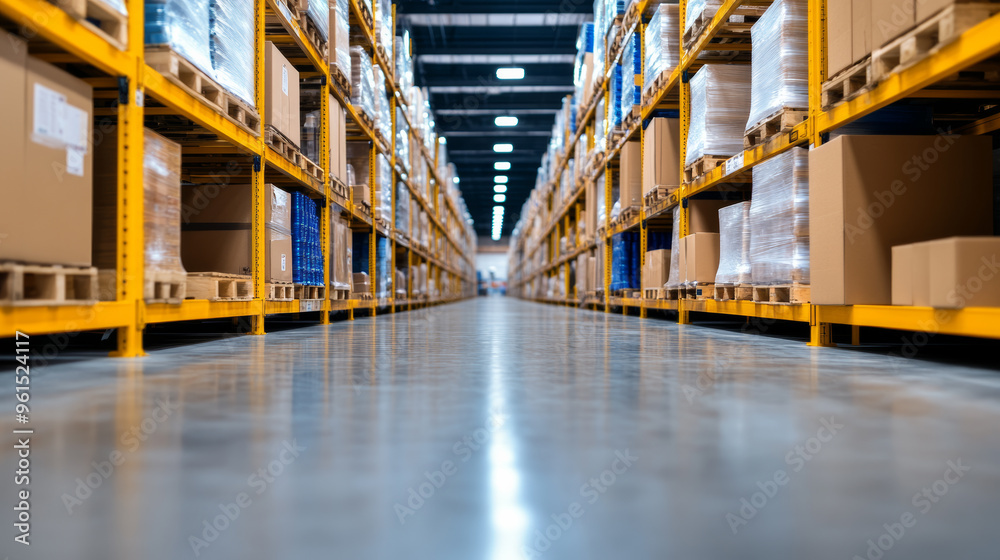 Brightly lit warehouse aisle with clear signage guiding inventory ...