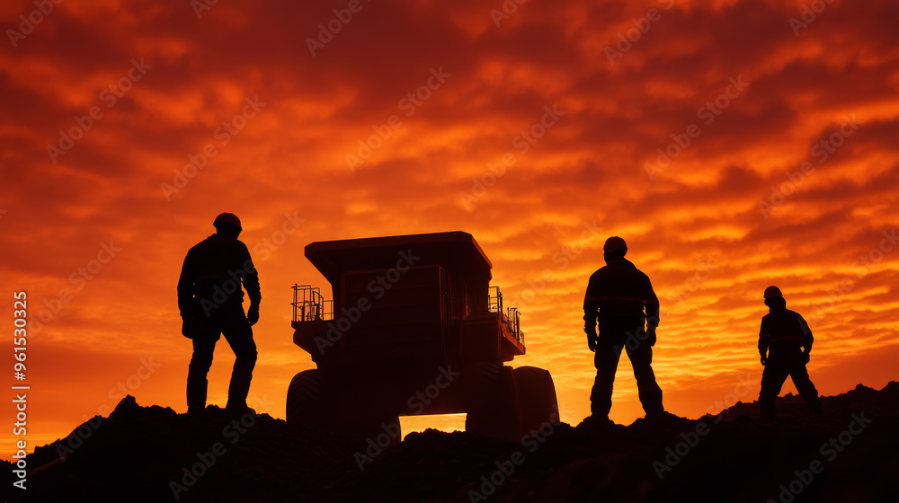 Dusty mining site with silhouetted workers and heavy equipment under a ...