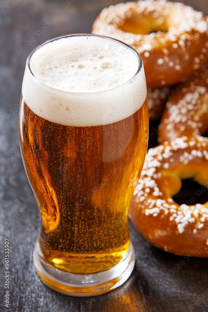 Frothy Oktoberfest beer in a traditional stein alongside a salted ...