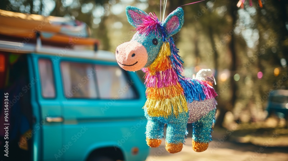 Hanging from a string at an outdoor party, a donkey-shaped piñata ...