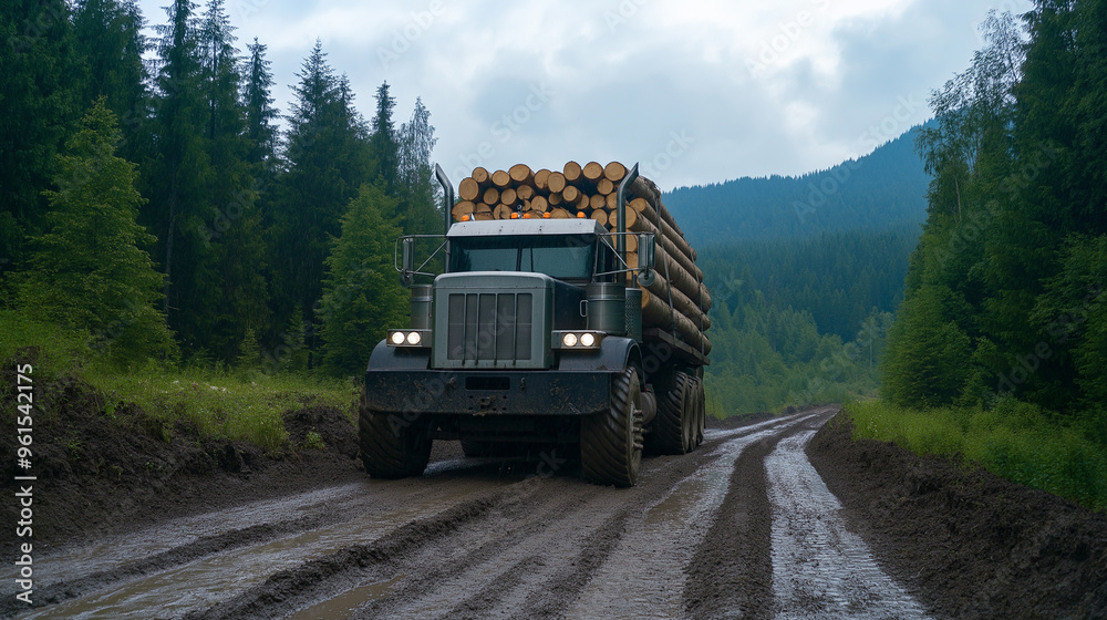 Massive logging truck loaded with freshly cut logs navigating a muddy ...