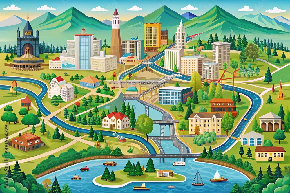 Vibrant digital illustration of Eugene, Oregon, featuring notable ...