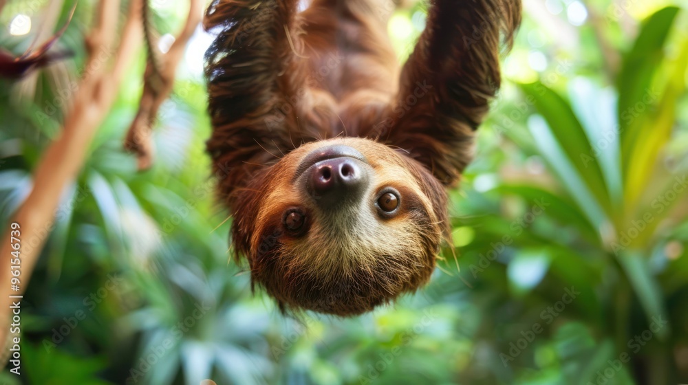 Funny animal poses, a sloth hanging upside down with a goofy expression ...