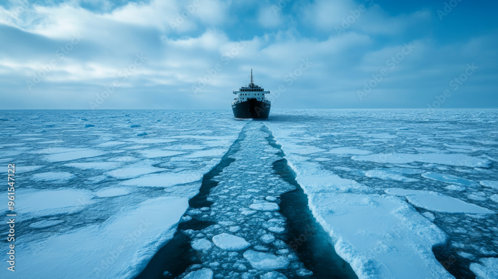 Ship navigating through thick Arctic ice broken trail behind vast ...