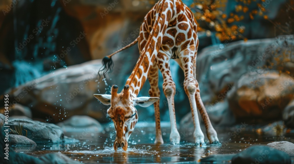 Animals with unique poses, a giraffe bending down to drink water, legs ...