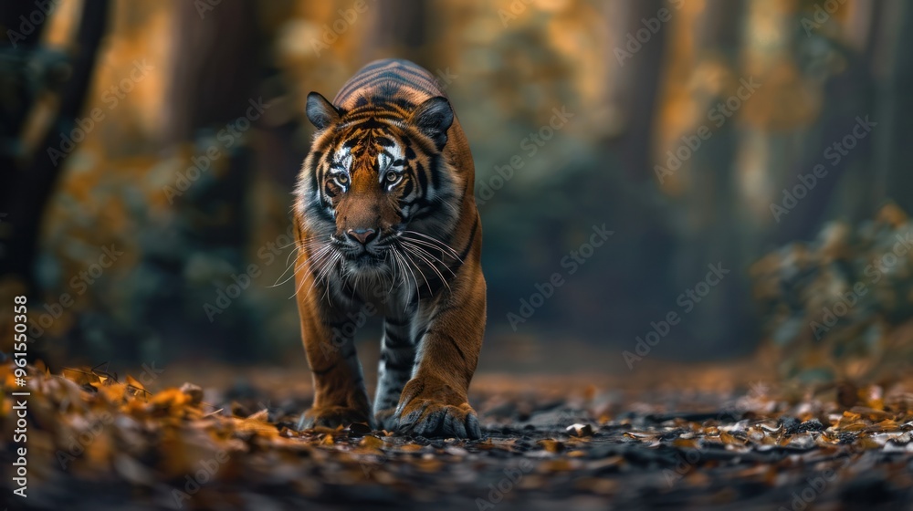 Animal poses in the wild, with a tiger crouching and preparing to ...