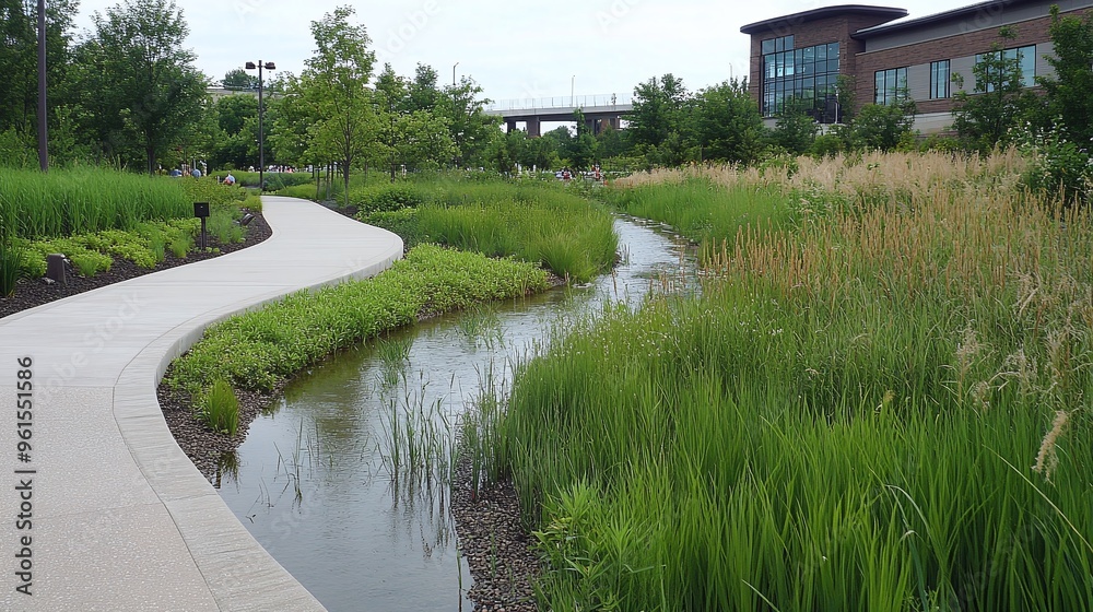 The greenery showcases a sustainable urban design with rain gardens and ...