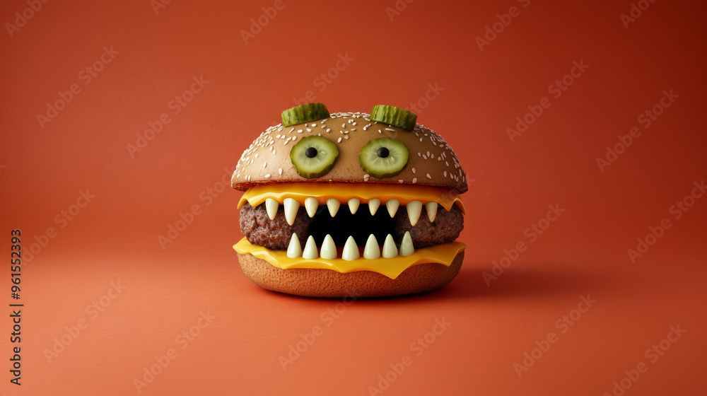 Whimsical food monster with a burger body, cheese teeth, and pickle ...