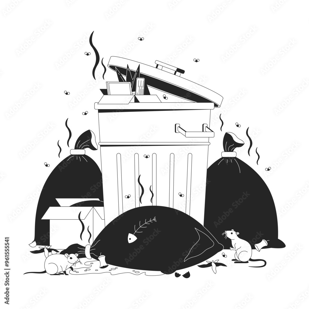 Smelly garbage container and bags with rats cartoon black and white ...