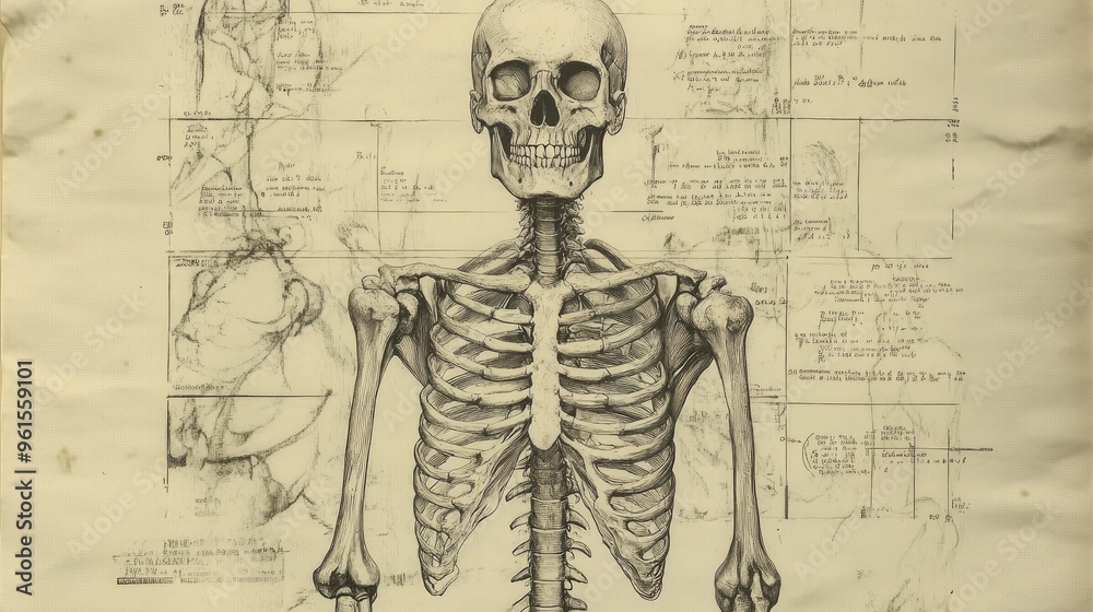 Detailed anatomical illustration of the human skeleton, with labels for ...