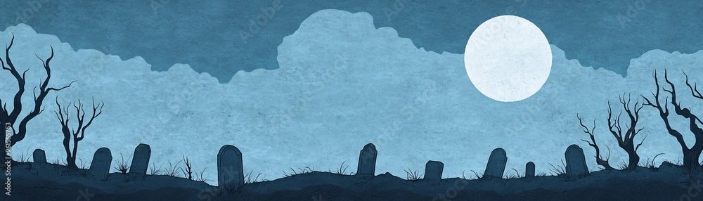 Eerie blue night scene in a cemetery with a full moon and bare trees ...