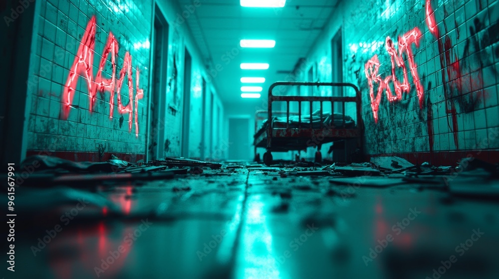 Abandoned Hospital with Rusty Beds and Cracked Tile Floors, Eerie Green ...