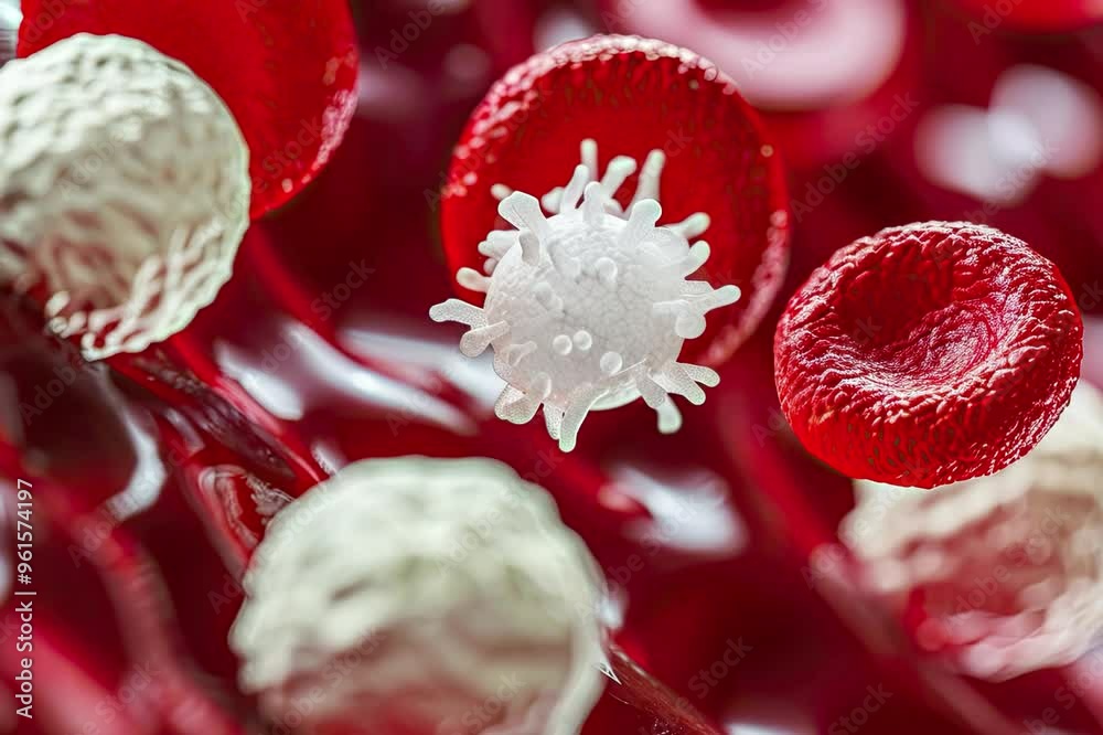 A surreal close-up of red blood cells and white blood cells illuminated ...