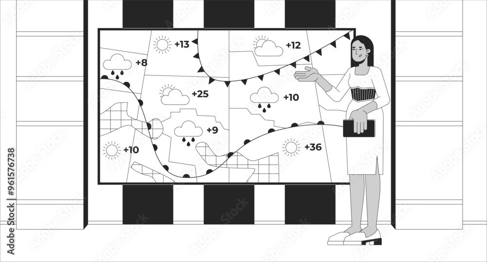 Weather channel on TV black and white line illustration. Synoptic woman ...