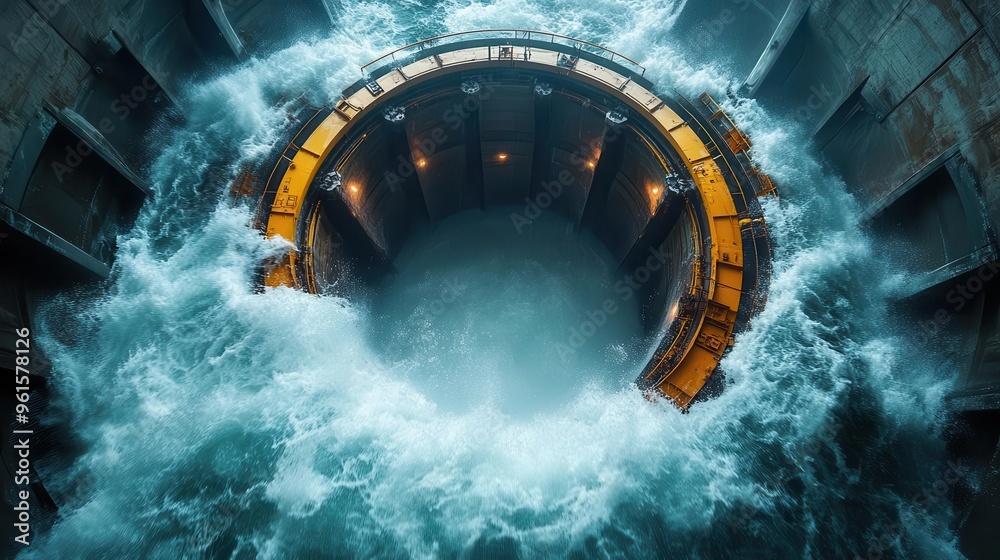 powerful hydroelectric dam turbine churning water spray gleaming metal ...
