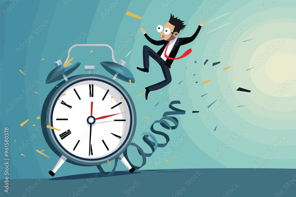 Smart Businessman Uses Metal Spring to Jump Over Giant Alarm Clock ...