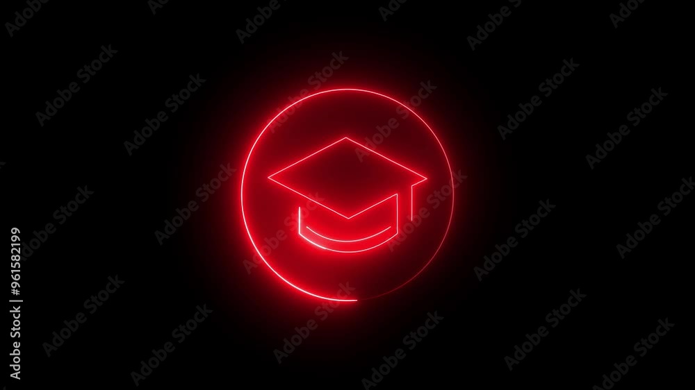 Red color Glowing neon line Graduation cap icon animation on black ...
