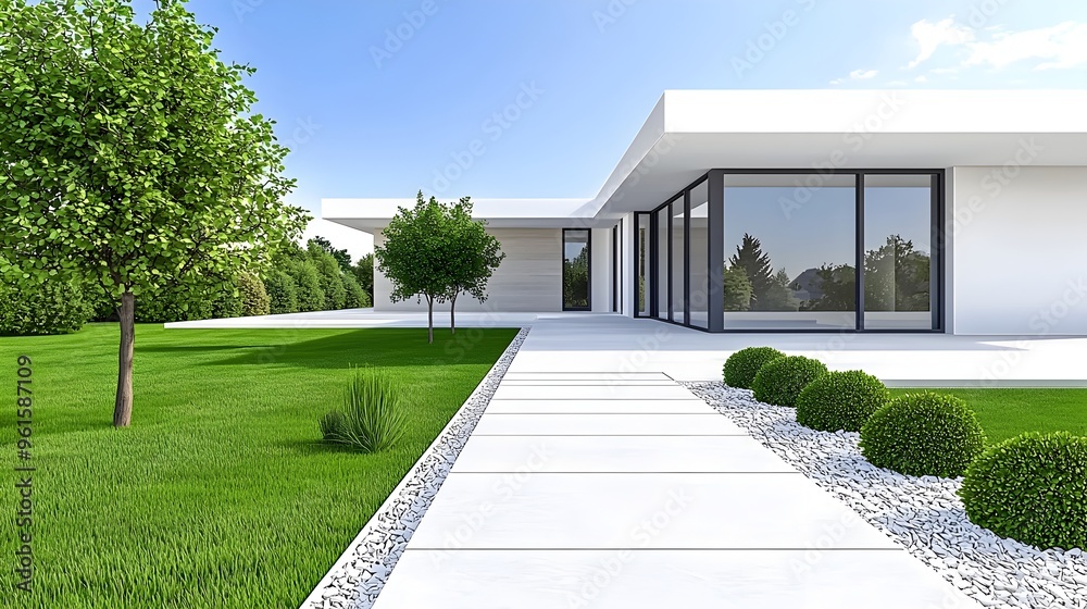 Single Story House Plan with Outdoor Landscaping on White Paper Stock ...