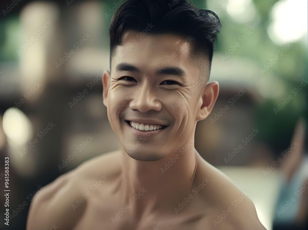 Headshot Portrait of Shirtless Muscular Asian Man Smiling and Looking ...